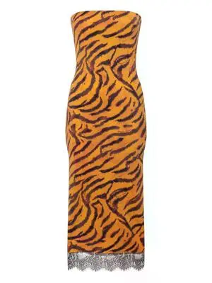 MARINE SERRE Tiger Print Strapless Midi Dress - Orange