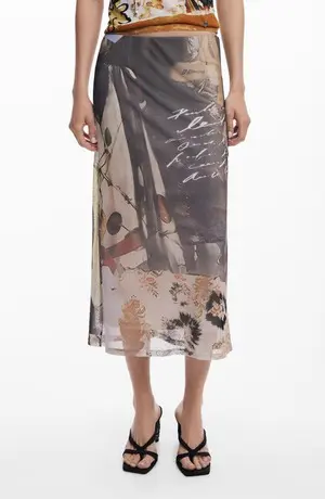 Desigual Printed Midi Skirt - Anthracite Gray