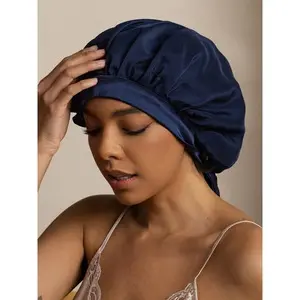 SILKSILKY Mulberry Silk Sleep Cap With Tie Detail - Darkblue