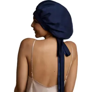 SILKSILKY Mulberry Silk Sleep Cap With Tie Detail - Darkblue