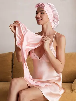 SILKSILKY Pure Silk Double-layer Bonnet With Adjustable Long Tie - Lightpink