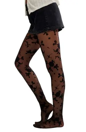 Free People Flocked Floral Tights Black Combo