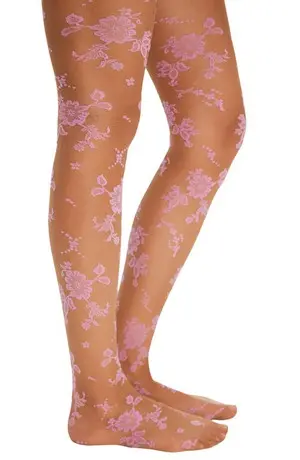 Free People Flocked Floral Tights Pink Combo
