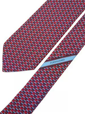 FERRAGAMO Gancini Print Silk Neck Tie - Red