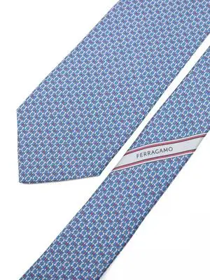 FERRAGAMO Gancini Print Silk Neck Tie - Blue