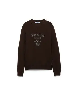 Prada Cashmere And Wool Logo Crew-neck Sweater - Brown