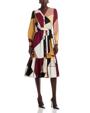 T Tahari Printed V-neck Dress - Sueded Blocks Print