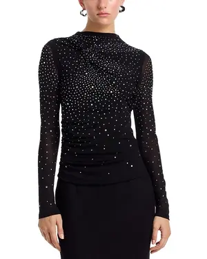 Aqua Rhinestone Mesh Jersey Long Sleeve Top