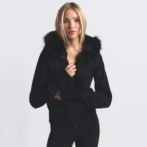 Skims Cotton Fleece Faux Fur Lined Zip-Up Hoodie - Onyx | Editorialist