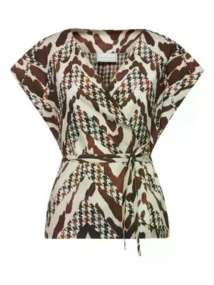 PIERRE-LOUIS MASCIA Animal-print Houndstooth Wrap Top - Brown