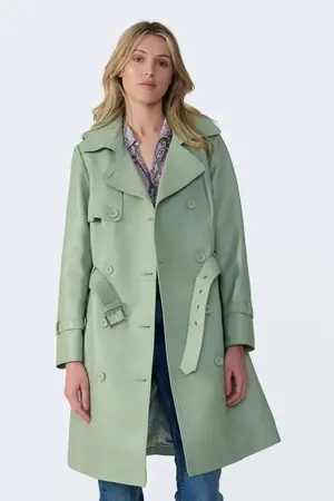 FURNIQ UK Soho Leather Trench Coat - Light Green