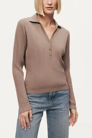 NOCTURNE Ribbed Polo Knit Sweater - Mink