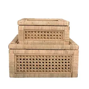 STORIED HOME Woven Wood And Rattan Display Boxes With Glass Lids - Natural