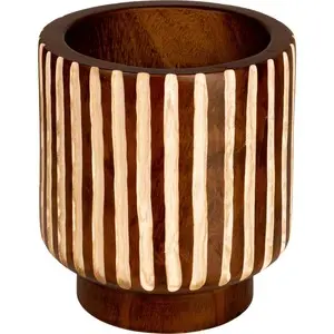 STORIED HOME Hand-carved Wood Planter With Stripes - Brown