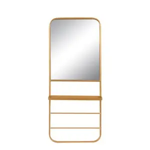 STORIED HOME Metal Framed Wall Mirror With Shelf And 2 Rods - Gold