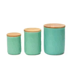 STORIED HOME Farmhouse Stoneware Canisters With Honeycomb Design And Wood Lids, Mint And Natural - Green