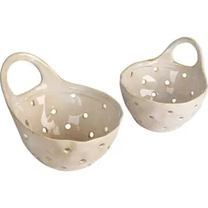 STORIED HOME Set Of 2 Reactive Glaze Stoneware Colanders - Cream