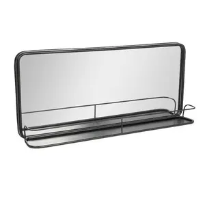 STORIED HOME Wide Metal Framed Rectangle Wall Mirror With Shelf - Black