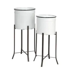 STORIED HOME Round Metal Planters On Stands, And Black - White