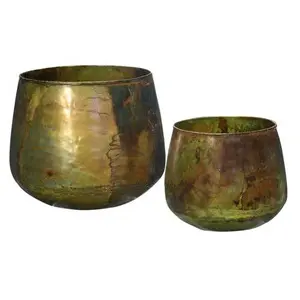 STORIED HOME Various Round Metal Planters With Oxidized Finish, Green - Brass