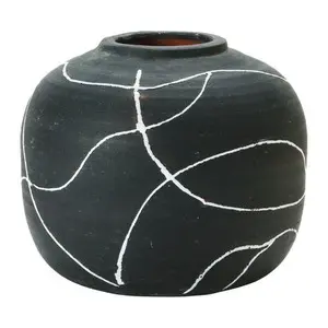 STORIED HOME Round Decorative Terra-cotta Vase With Hand-painted Intersecting Lines - Black