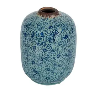 STORIED HOME Decorative Round Terra-cotta Vase With Floral Pattern With Distressed Finish - Blue