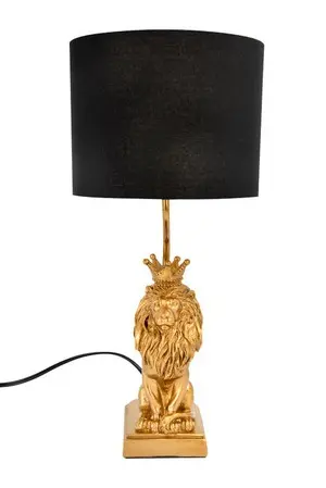 STORIED HOME Resin Lion Table Lamp With Black Linen Shade - Gold