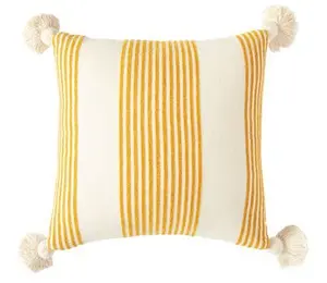 STORIED HOME Cream Cotton & Chenille Pillow With Mustard Stripes & Tassels - Yellow