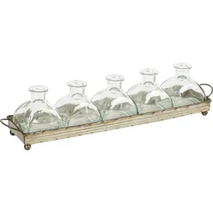 STORIED HOME Decorative Rectangular Metal Tray With Handles And 5-piece Glass Vases - Grey