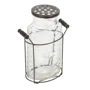 STORIED HOME Glass Vase In Metal Stand With Metal Frog Lid - Clear
