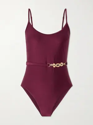 Zimmermann Awaken Embellished Belted Swimsuit - Burgundy