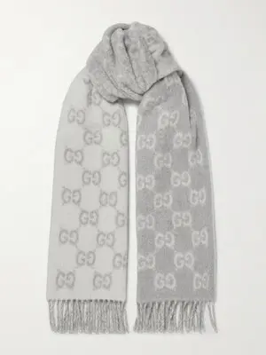 Gucci Fringed Jacquard-knit Scarf - Gray