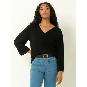 SINGLE STITCH Drop Shoulder V-neck Sweater - Black