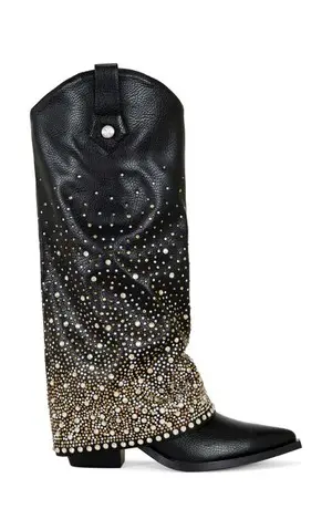 AZALEA WANG Beth Studded Western Boots - Black
