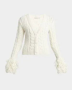 Moncler Cable-Knit Fringe Cardigan - Natural