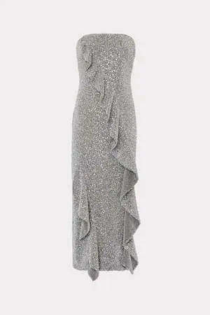 MILLY Katy Sequin Strapless Ruffle Midi Dress