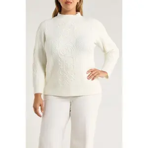Anne Klein Embroidered Funnel Neck Sweater - White Dove