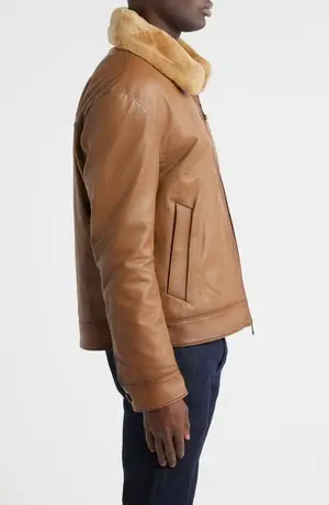 BOSS Mury Down Fill Leather Jacket With Shearling Collar