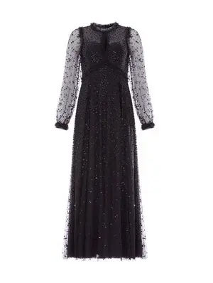 NEEDLE & THREAD Dappled Sequin Long Sleeve Ankle Gown - Graphite