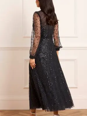 NEEDLE & THREAD Dappled Sequin Long Sleeve Ankle Gown - Graphite