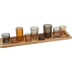 STORIED HOME Round Glass Votive Holders On Wood Tray - Brown