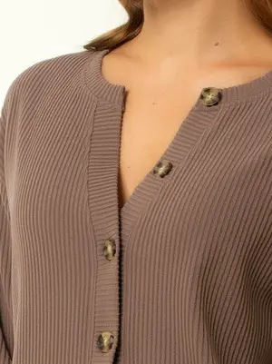SINGLE STITCH Ribbed V-neck Cardigan - Deep Taupe