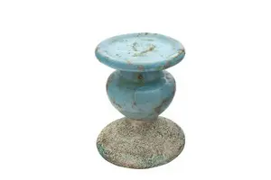 STORIED HOME Small Distressed Round Terra-cotta Pillar Candleholder - Blue