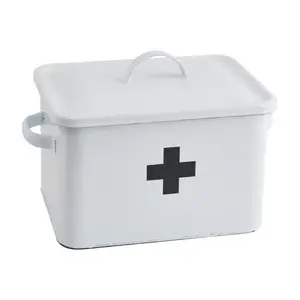 STORIED HOME Enameled Metal First Aid Box With Lid And Swiss Cross - White