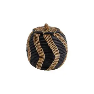 STORIED HOME Decorative Handwoven Rattan Storage Basket Storage With Lid - Black