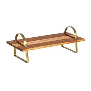 STORIED HOME Acacia Wood Serving Board On Stand - Gold