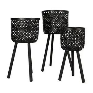 STORIED HOME Woven Wood Baskets With Wooden Legs - Black