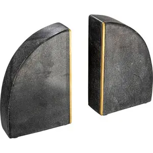 STORIED HOME Boho Arched Semicircle Marble Bookends With Brass Detail, Set Of 2 - Black
