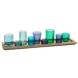STORIED HOME Wood Tray With 9 & Green Glass Votive Holders - Blue