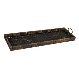 STORIED HOME Rattan & Wood Tray With Handles - Black